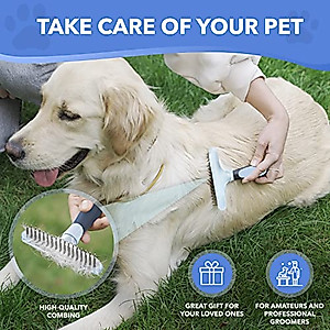 Dog rake deshedding dematting Brush Comb - Undercoat rake for Dogs, Cats, matted, Short,Long Hair Coats - Brush for Shedding, Double Row Stainless Steel pins - Reduce Shedding by 90% (Haze Blue)