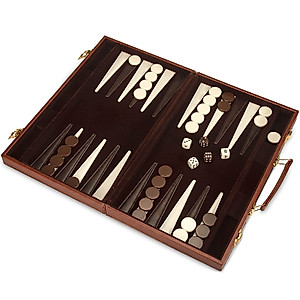 AMEROUS Backgammon Set, 15'' Folding Classic Board Game with Leather Case, Gift Package, Instruction, Portable Travel Strategy Backgammon Game Set for Adults, Kids