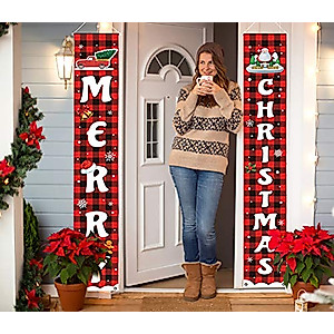 Trooer Christmas Porch Sign, Merry Christmas Banner for Outside Indoor Outdoor Christmas Decorations New Year Black Red Buffalo Plaid Hanging Banners Sign for Holiday Party Supplies Home Welcome