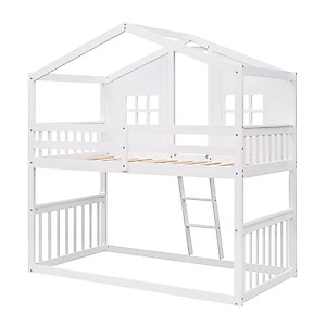 Harper & Bright Designs House Bunk Beds, Twin Over Twin Bunk Bed with Roof, Ladder and Windows, Floor Bunk Bed, Low Bunk Loft Bed for Kids Teens Boys & Girls, White