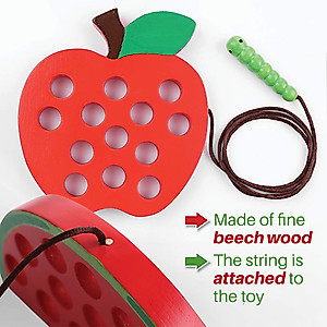 KLT Lacing Toy for Toddlers, Wooden Threading Toys, 1 Apple and 1 Watermelon with Bag, Educational and Learning Montessori Activity for Baby and Kids, Great Car and Plane Puzzle Travel Games