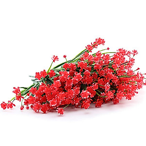 TEMCHY Artificial Outdoor Flowers, 8 Bundles Fake UV Resistant Foliage Greenery Faux Plants Shrubs Plastic Bushes for Indoor Outside Hanging Planter Wedding Farmhouse Decor (Red)