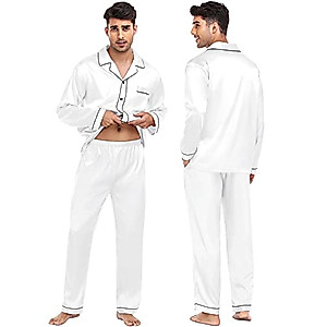 SWOMOG Womens Silk Satin Pajamas Set Two-piece Pj Sets Sleepwear Soft Loungewear Button-Down Pj Sets White