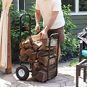 Sunnydaze Outdoor Firewood Log Cart with Pneumatic Tires - Black Steel Rolling Wood Carrier