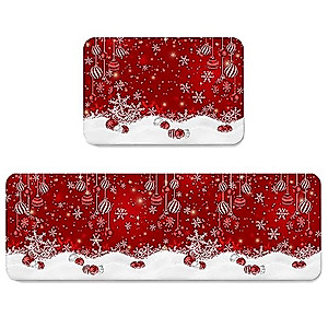 2 Pieces Kitchen Rugs and Mats Red Christmas Shiny Stars Xmas Balls,Non Slip Indoor Doormats Set,Washable Floor Carpet Area Runner for Laundry Sink Home Decor Winter Snowflakes