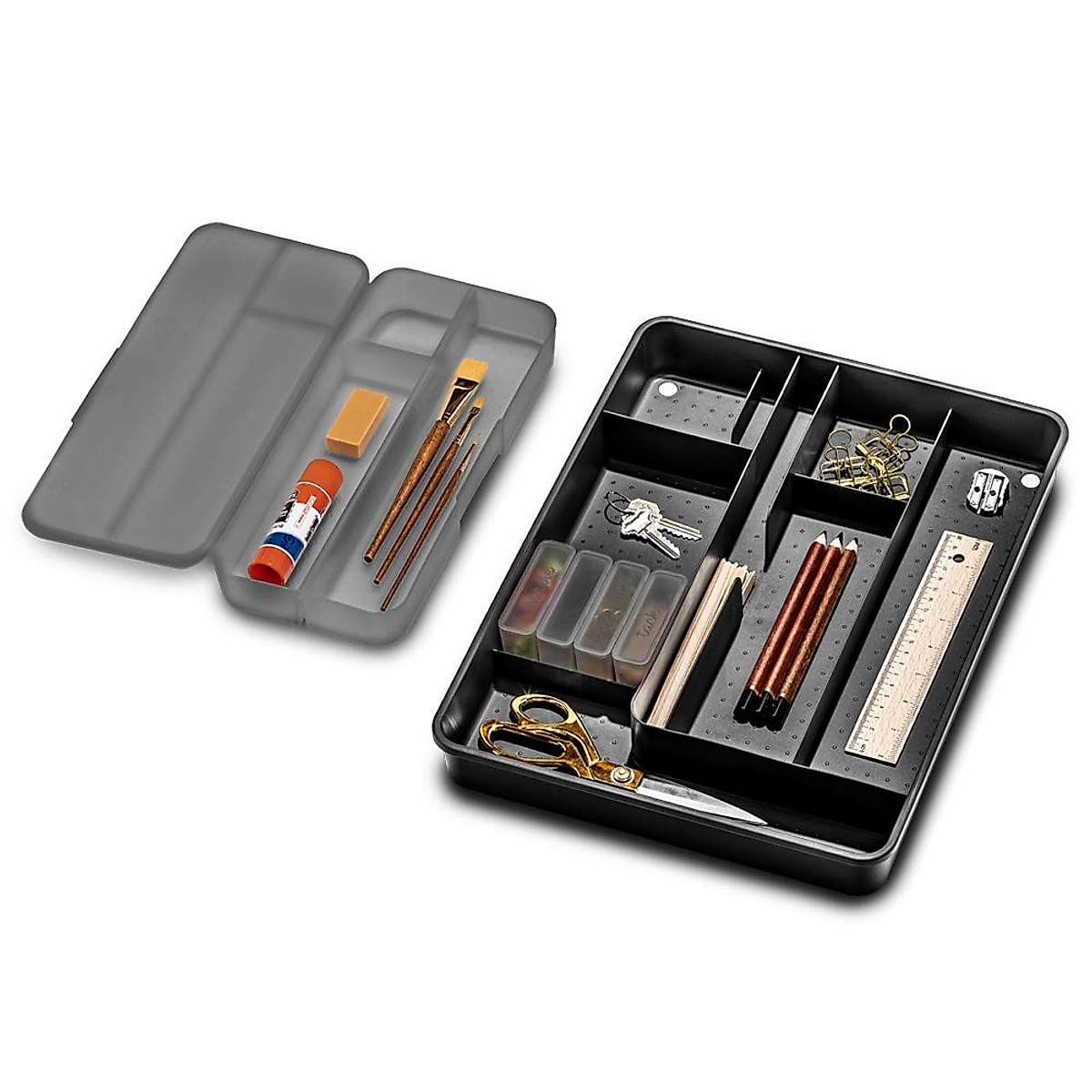 madesmart Junk Drawer Organizer Ultimate Tray-CARBON COLLECTION Multi-Purpose, Portable Top Case & Lidded Bins, Non-Slip Feet & BPA-Free, Large
