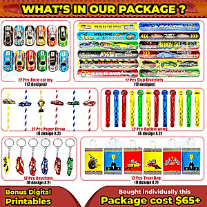 Race Car Party Favors 72 Pcs Mini Race Car Treat Bag Slap Bracelets Keychain Bubble Paper Straws Gift Rewards for Birthday Supply Classroom Reward