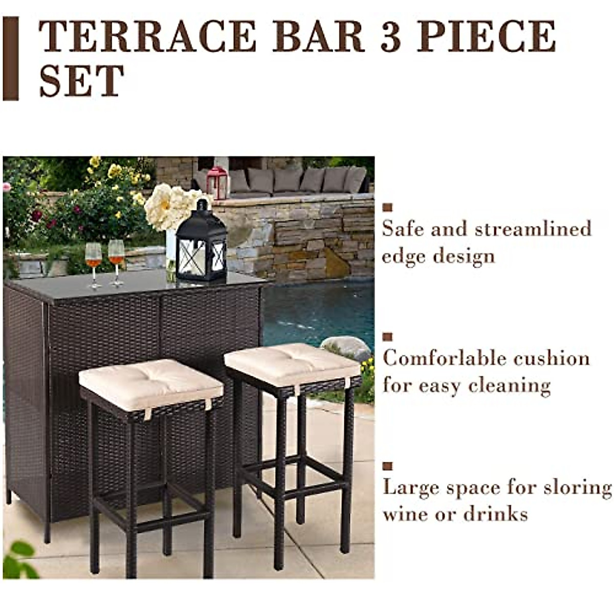 Oakmont Outdoor Bar Set 3-Piece Brown Wicker Patio Furniture - Glass Bar and Two Stools with Cushions for Patios, Backyards, Porch, Gardens or Poolside