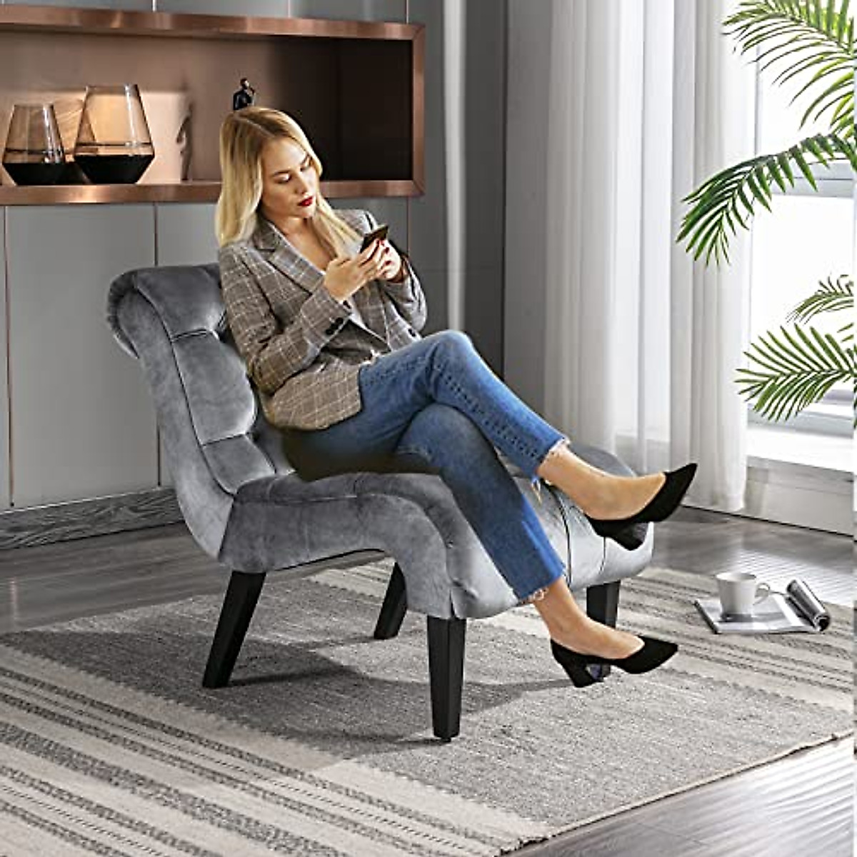 Velvet Accent Lounge Chair for Living Room, Modern Leisure Chair with Tufted Backrest, Indoor Armless Side Chair, Upholstered Bedroom Sleeper Chair with Solid Wood Legs, Grey