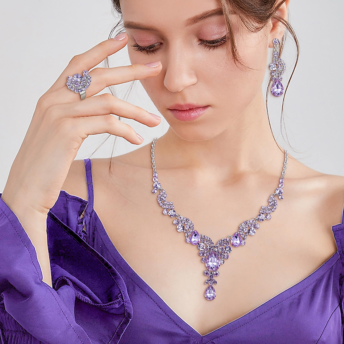 EVER FAITH Wedding Rhinestone Jewelry Sets for Brides, Crystal Bridal Floral Wave Teardrop Necklace Dangle Earrings Bracelet Ring Set Light Purple Silver-Tone