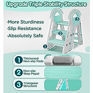 Gimars Upgrade Triple Stability Foldable Adjustable 2 Steps to 3 Steps Toddler Step Stool for Bathroom Sink, Step Stools for Kids with 6 Non-slip Pads,Handles for Toilet Potty Training,Kitchen Counter