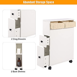 ALAPUR Movable Slim Bathroom Storage Cabinet with Wheels and Drawers, 6" W Narrow Toilet Paper Holder, Free Standing Bathroom Organizer for Small Spaces, White