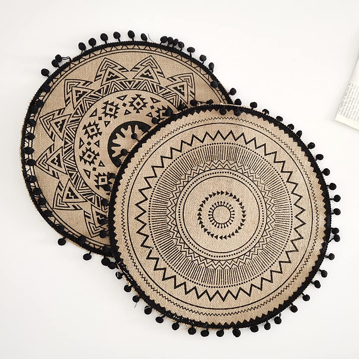 2 Pcs Boho Round Place Mats with Pompom Woven Jute Placemats Rustic Macrame Coasters for Dining Room Kitchen Table Decor Style 4
