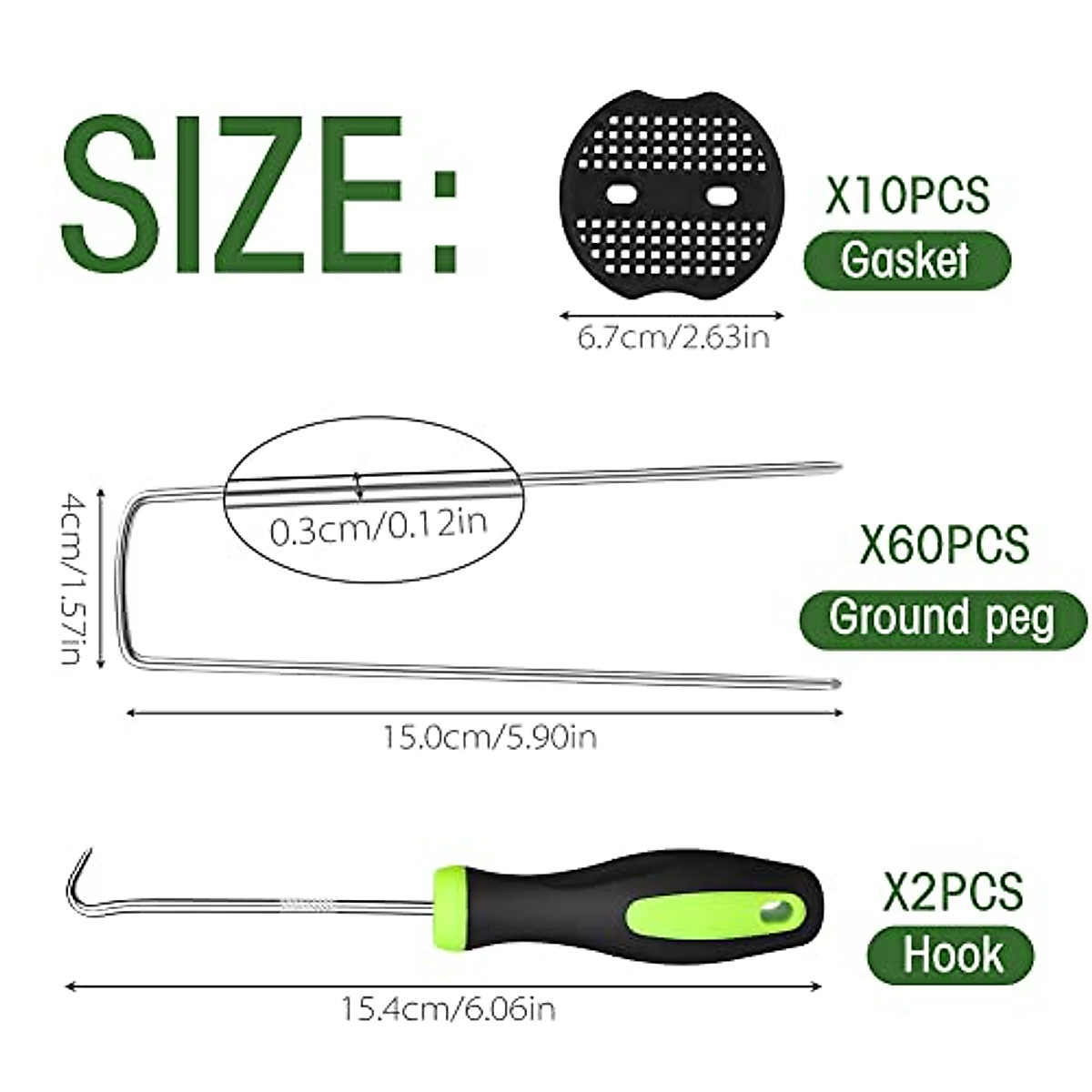 60Pcs Heavy Duty Galvanized Garden Staple U-Shaped Pins+10Pcs Gasket+2 Hooks,6 Inch Reusable Sod Fence Staples Garden Stakes Staples for Anchoring Tents,Ground Covers,Pet Cages and,etc.