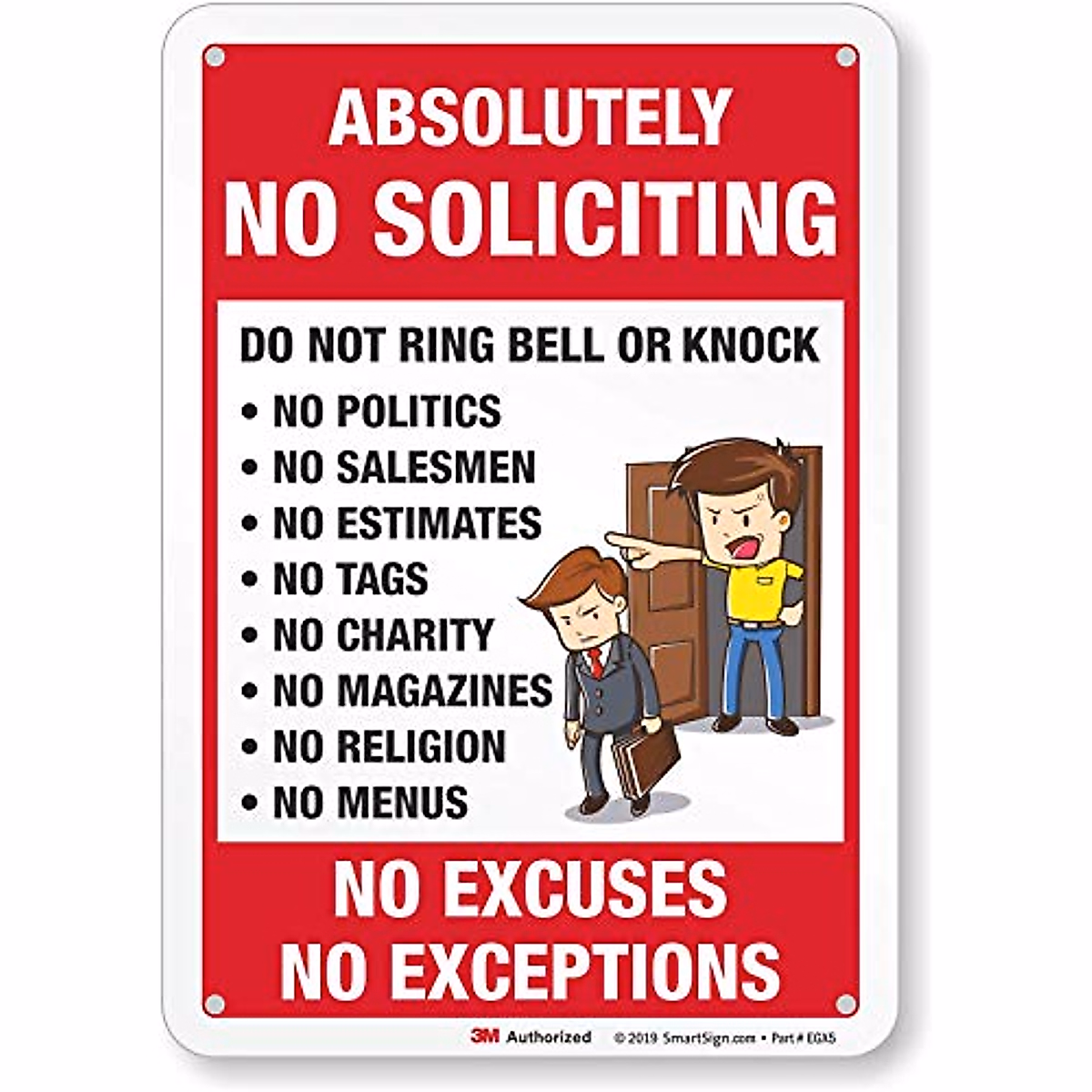 SmartSign 10 x 7 inch “Absolutely No Soliciting - Do Not Ring Bell Or Knock” Metal Sign with Graphic, 40 mil Aluminum, 3M Laminated Engineer Grade Reflective Material, Multicolor