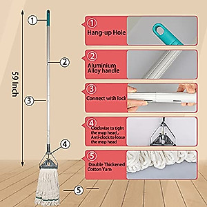 OFO Loop-End String Mop, Heavy Duty Commercial Industrial Mop with Extra Mop Head Replacement. Metal Head Mop with 59inch Alluminum Alloy Pole