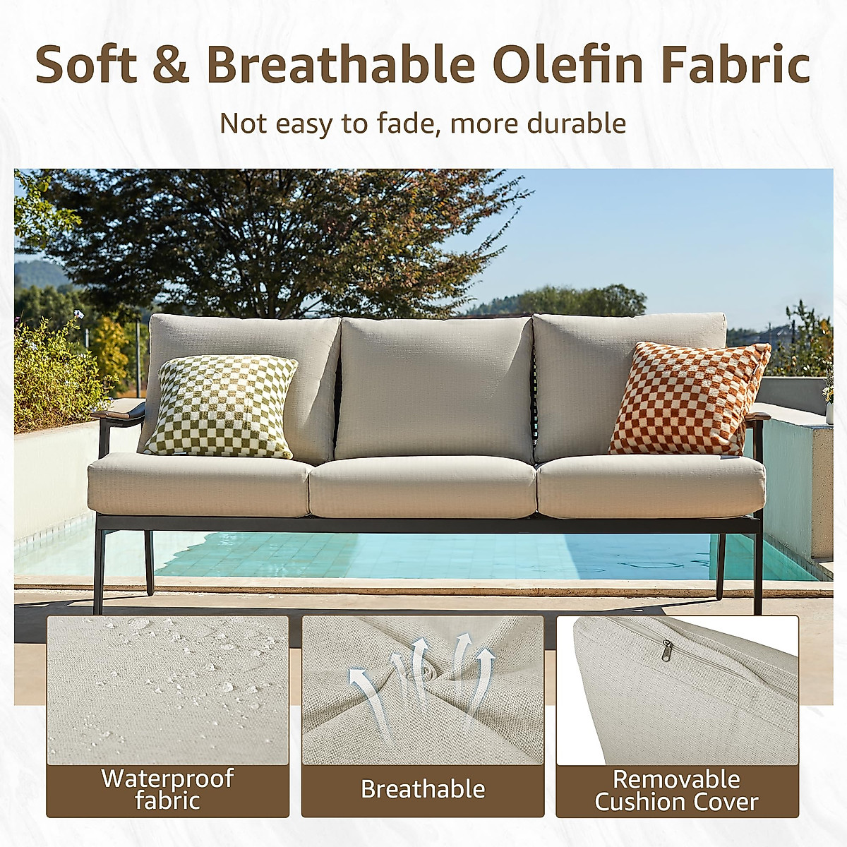 NATURAL EXPRESSIONS Patio Sofa Outdoor Furniture Metal Chair with Wicker Backrest & 6 Inches Cushion for Indoor, Front Porch, Deck, Balcony, Backyard, Sunroom, 73.35"(L) x 29.75"(W) x 33.86"(H).