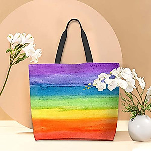YUMQSEOS Kitchen Reusable Grocery Bags Large Tote Bag Reusable Casual Handbag for Lunch Travel Shopping - Colorful Striped Rainbow
