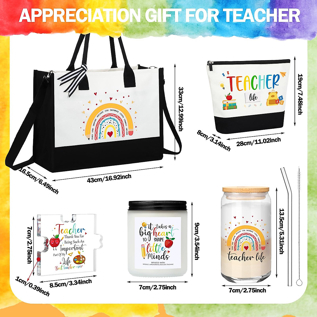Locmeo Teachers' Day Gifts Bulk Appreciation Gifts for Teacher Include a Tote Bag a Makeup Bag a Piece of Puzzle a Lavender Scented Candle a 16 oz Glass with Lid Straw and Brush