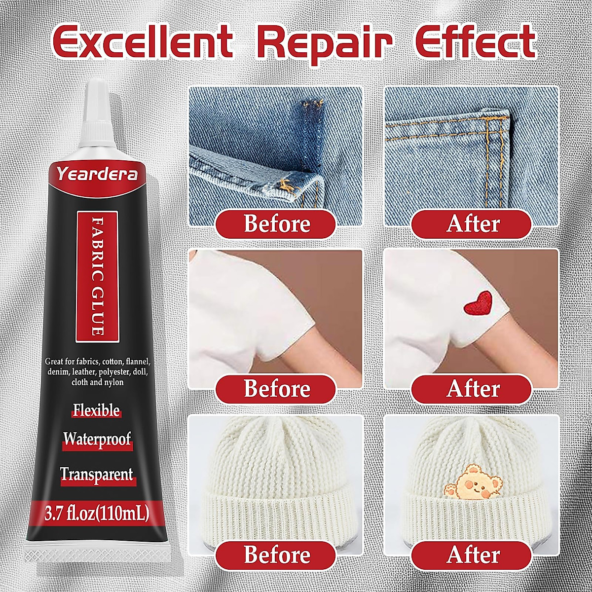 Yeardera Fabric Glue, 110ml Clear Fabric Glue for Clothing Permanent Washable, Fabric Fusion Glue for All Fabrics, Clothes, Leather, Cotton, Flannel, Denim, Polyester, Doll Repair