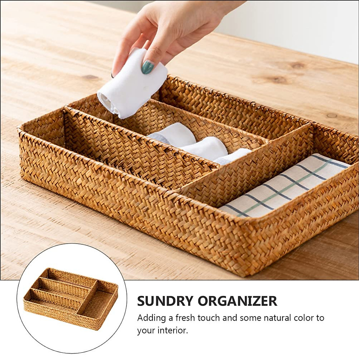 Zerodeko Rattan Flatware Tray Kitchen Utensil Drawer Organizer Wicker Serving Basket Flatware Cutlery Organiser Tray Farmhouse Woven Cutlery Forks Holder Dividers
