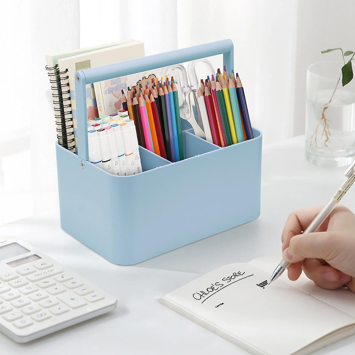 LAFARA Multipurpose Caddy Organizer, Portable Art Caddy with Handle and Adjustable Divider, Plastic Craft Caddy （Pink+Blue）