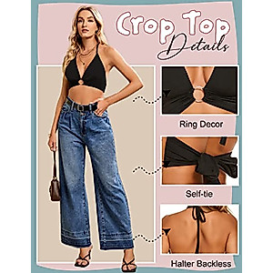 Avidlove Deep V Neck Tank Tops for Women Knot Tie Halter Backless Crop Tops Sexy Sleeveless Plunging Women Tops with Ring(Black Large)