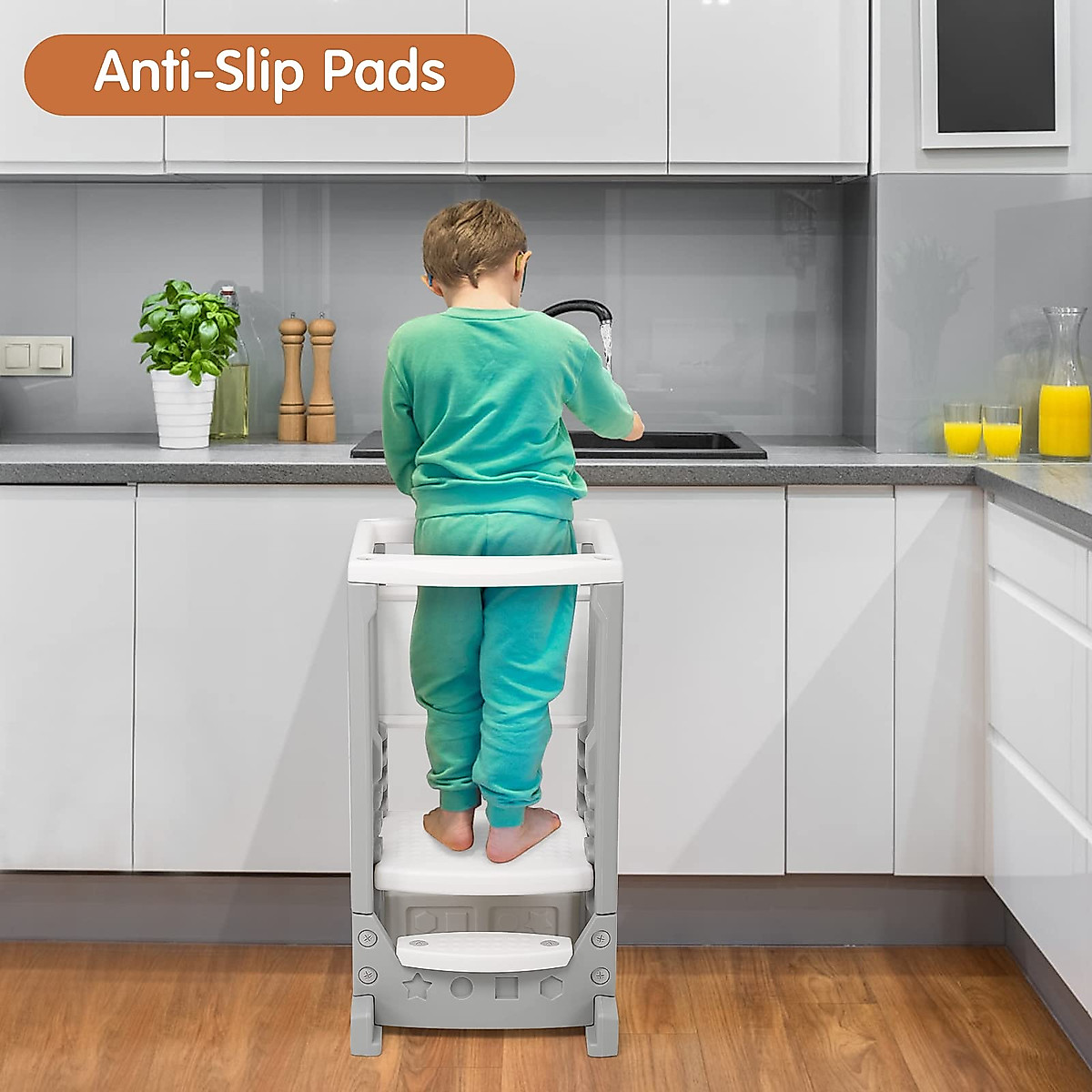 Toddler Tower - Toddler Standing Tower for Kitchen Counter & Sink, Kids Kitchen Step Stool Helper, Anti-tip Structure More Stable, with Dry Erase Board, Ages 18 Months to 5 Years (Grey)