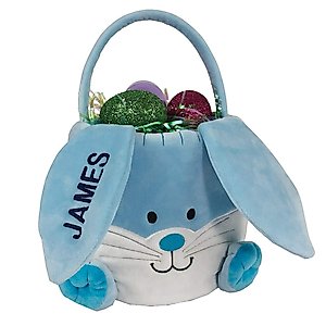 GiftsForYouNow Embroidered Plush Blue Bunny Personalized Easter Basket for Little Boys, Easter Egg Hunt Tote, Perfect for Toys and Candy, 10" W x 7" H x 9" D