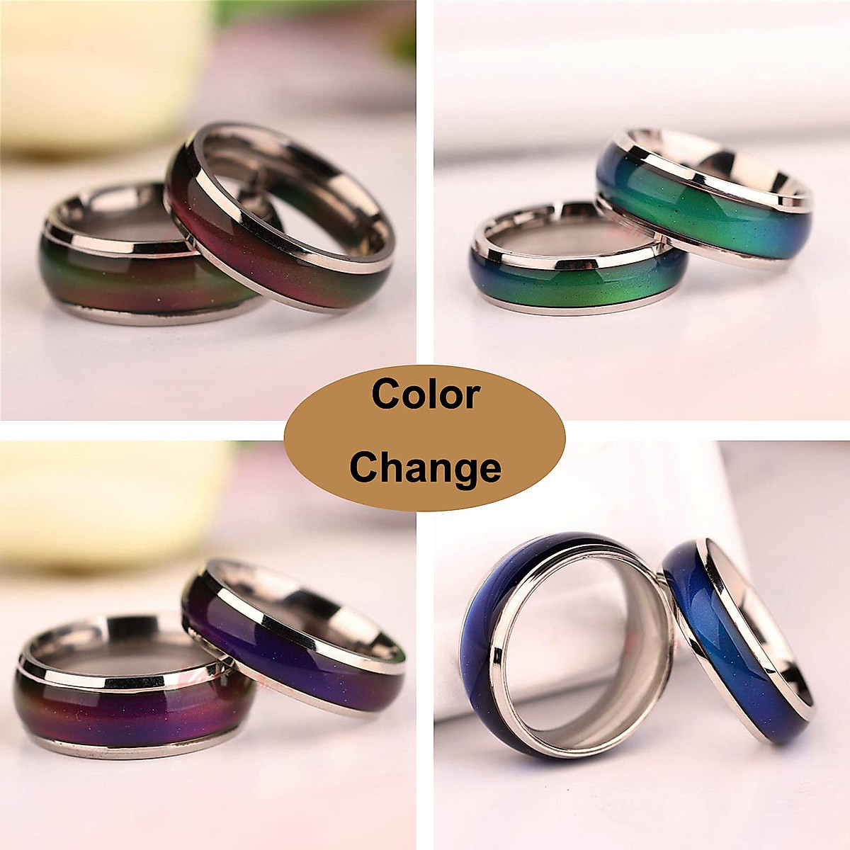 2 Pcs Mood Rings for Kids Men Women With Color Mood Chart Stainless Steel Band Mood Jewelry Size 8 & 9