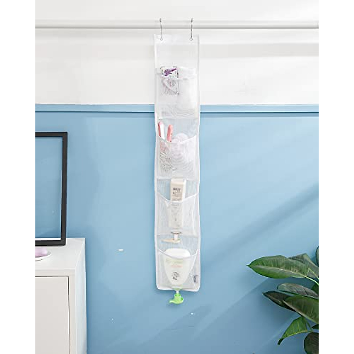 Jelier Mesh Shower Caddy Organizer, Hanging Shower Curtain Pockets for Bathroom Accessories (white)