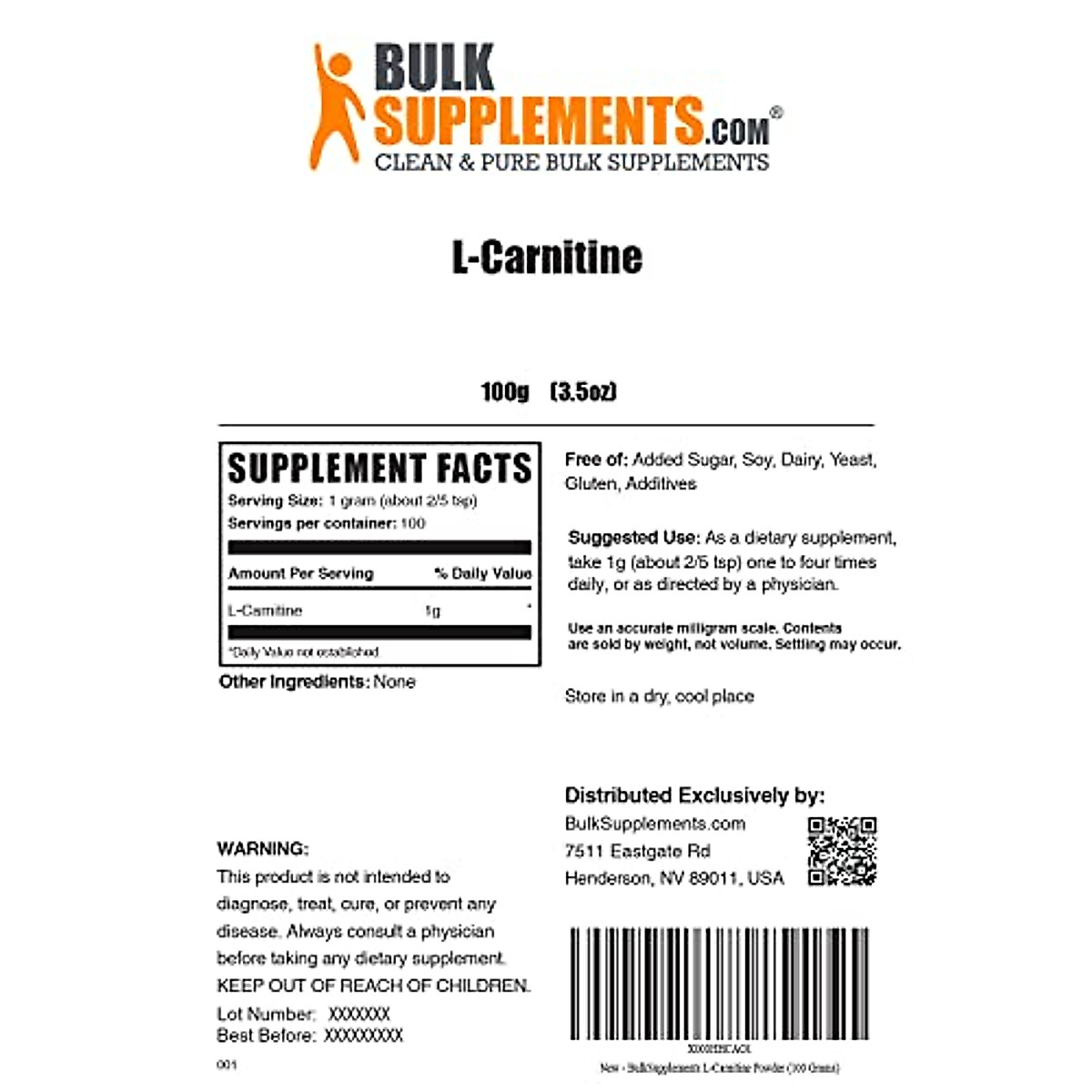 BulkSupplements.com L-Carnitine Powder (Base) - Amino Acids Supplement for Muscle Recovery & Endurance - Gluten Free - 1000mg (1g) per Serving, 100 Servings (100 Grams - 3.5 oz)
