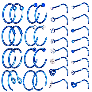 32Pcs Style-2 20G Blue 32Pcs 20G Unisex L-Shaped C-Shaped Nostril Screw Nose Tongue Lip Ear Rings Hoop Studs Seamless Hinged Rings Ball Closure Rings Mixed Set