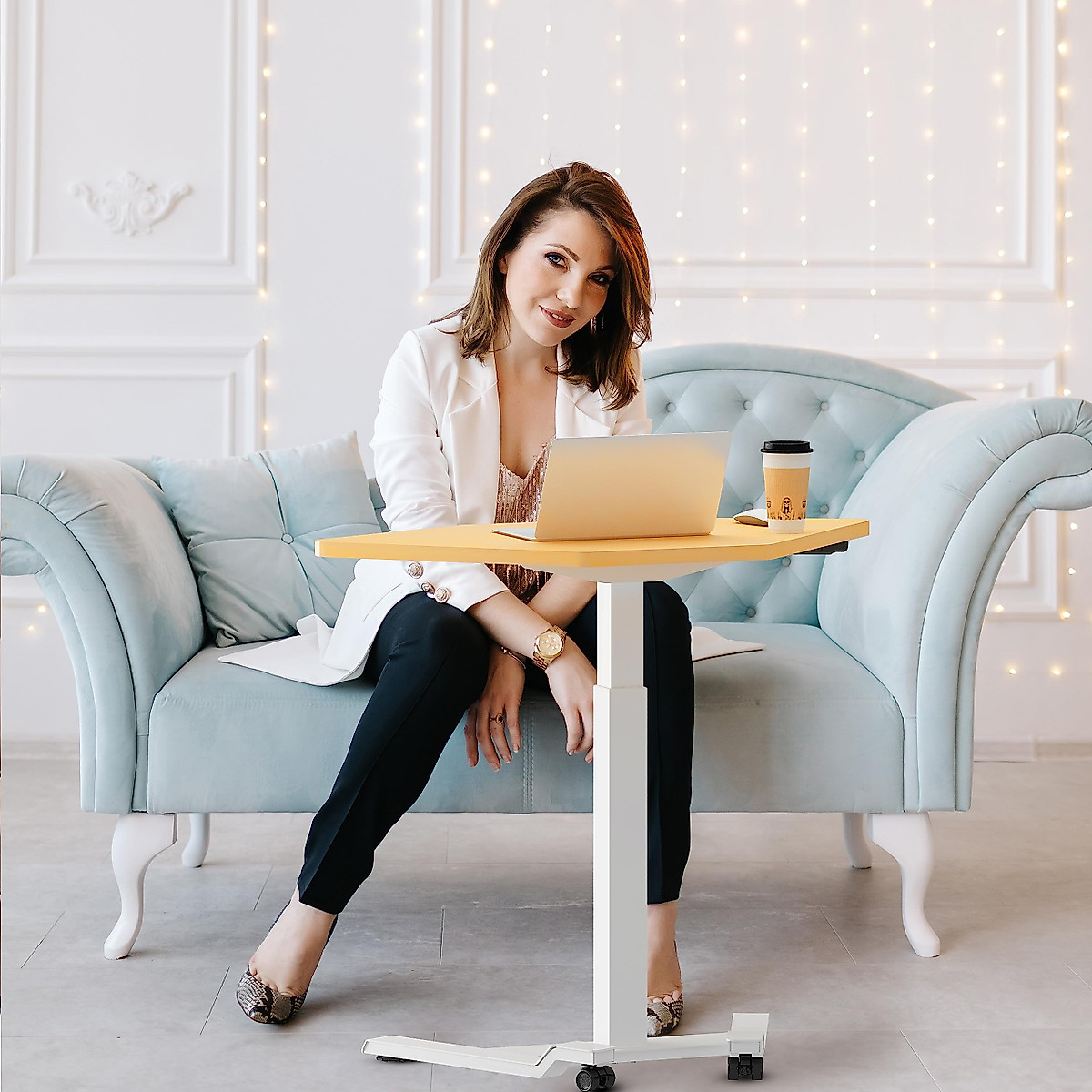 ALFA FURNISHING Electric Height Adjustable Mobile Podium, Multifunctional Rolling Lectern Standing Desk, Portable Laptop Cart with Wheels, Sit Stand Lectern for School Office