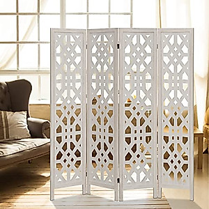 Wood Room Dividers 4 Panel, Premium Home Wooden Room Dividers Wall for Bedroom, Carved Wood Partition Room Dividers Folding Privacy Screens,White