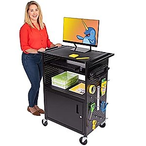 Line Leader Stellar AV Cart | Computer Cart with Pegboard Siding & 12 Hooks for Customizable Storage | Locking Cabinet & Pullout Keyboard Tray | UL Safety Certified Power Outlets | Locking Wheels 