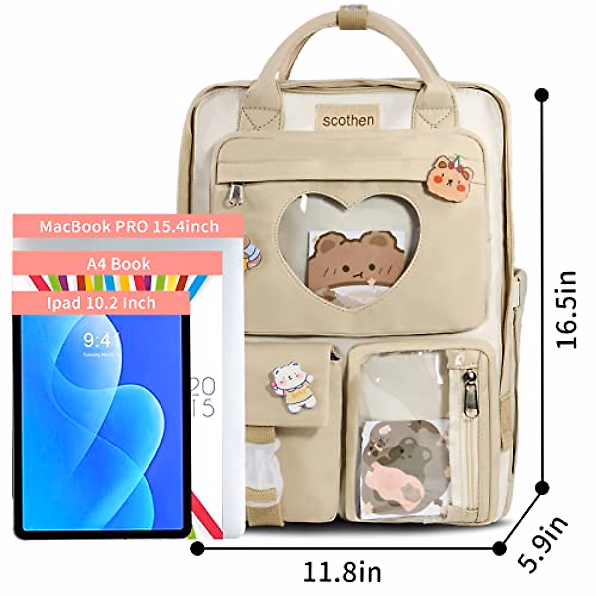 Backpack for Girls,Kawaii Backpack,Pin Display Backpack with Cute Pins,Kids School Bag,Heart Ita Backpack,Cute Aesthetic Bookbag for Teen Girls,Japanese Backpack for Elementary Middle School Girls