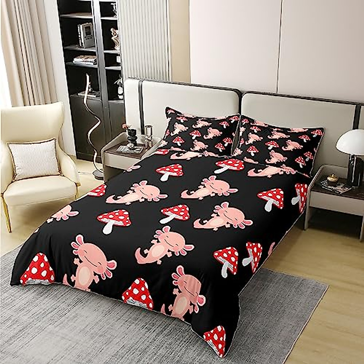 Full Size Comforter Cover Cartoon Pink Axolotl 100% Natural Cotton Bedding Set Cute Red Mushroom Plants Duvet Cover for Bedroom Gifts Lovely Wild Animal Rustic Style Bedding Set 3 PCS
