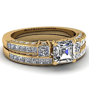 Couple Ring Bridal Set His And Hers Women 10k Yellow Gold Filled Square CZ Men Stainless Steel Band Wedding Ring Band Set