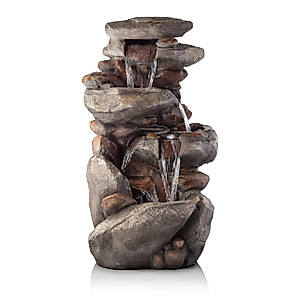 Alpine Corporation WIN316 Outdoor Floor 4-Tiered Rock Water Fountain for Garden or Patio with Natural Stone Look, 40", Light Gray