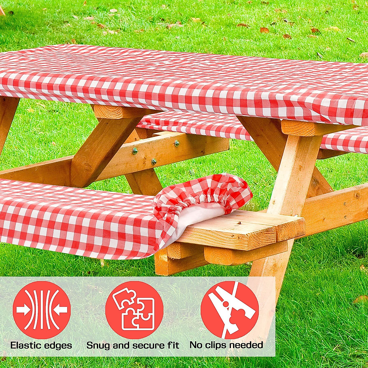 LINPRO 6ft and 8ft Fitted Picnic Table Cover and Bench Covers. These 2 Most Common Sizes Reusable Outdoor Picnic tablecloths with Elastic Will Cover Most Camping Picnic Tables and Folding Tables.