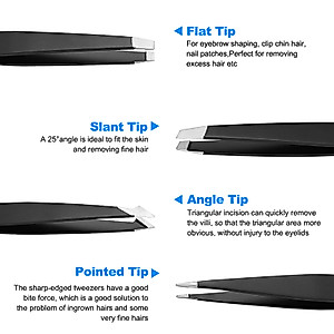 HAWATOUR Tweezers Set, 4Pcs Eyebrows Tweezers and a Pair of Scissor with Leather Case, Great Precision for Eyebrow, Ingrown Hair, Splinter, Facial Hair Removal, Black