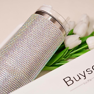 Buyso 40 Oz Bling Tumbler With Handle Rhinestones Tumbler With Lid and Straw Fix for Car Cup Holder Insulated Stainless Steel Double Wall Water Cup Travel Mug Tumblr For Women (40 oz, Shiny)