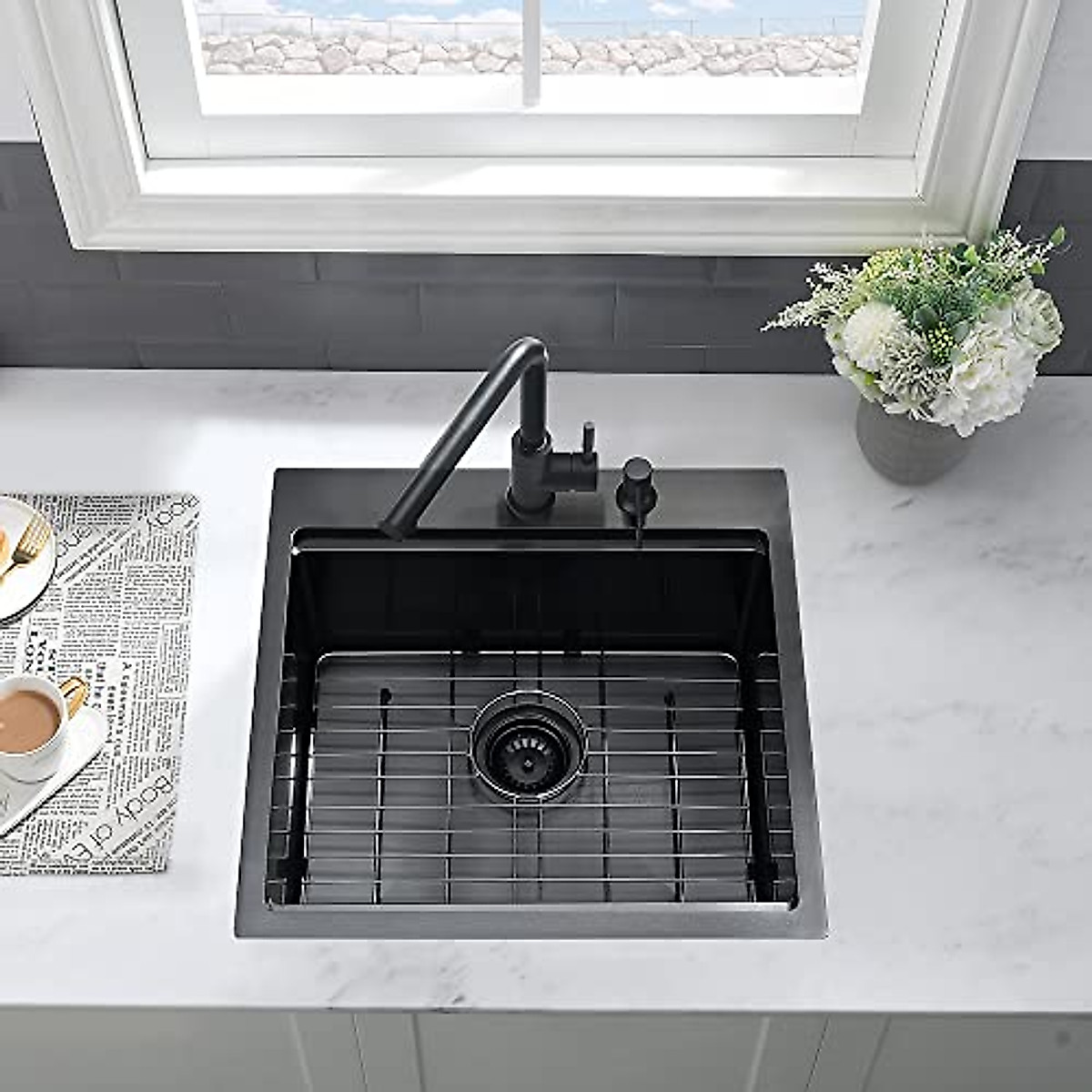 18 Inch Black Bar Sink Drop In Workstation-VASOYO 18x18 Drop In Bar Sink Black Stainless Steel Bar Prep Sink Topmount Outdoor Rv Kitchen Sink Single Bow Wet Bar Sink with Cutting Board