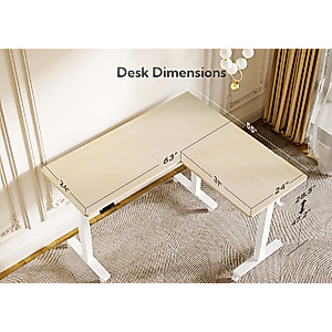 Claiks Triple Motor L Shaped Standing Desk, 63 x 55 inch Corner Stand Up Desk, Adjustable Height Desk with Splice Board, White Frame/Nature Top