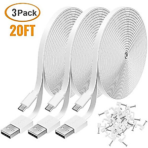 3 Pack 20FT Power Extension Cable Compatible with WyzeCam, Wyze Cam Pan, NestCam Indoor,Blink,Amazon Cloud Camera,USB to Micro USB Durable Charging and Data Sync Cord(White)