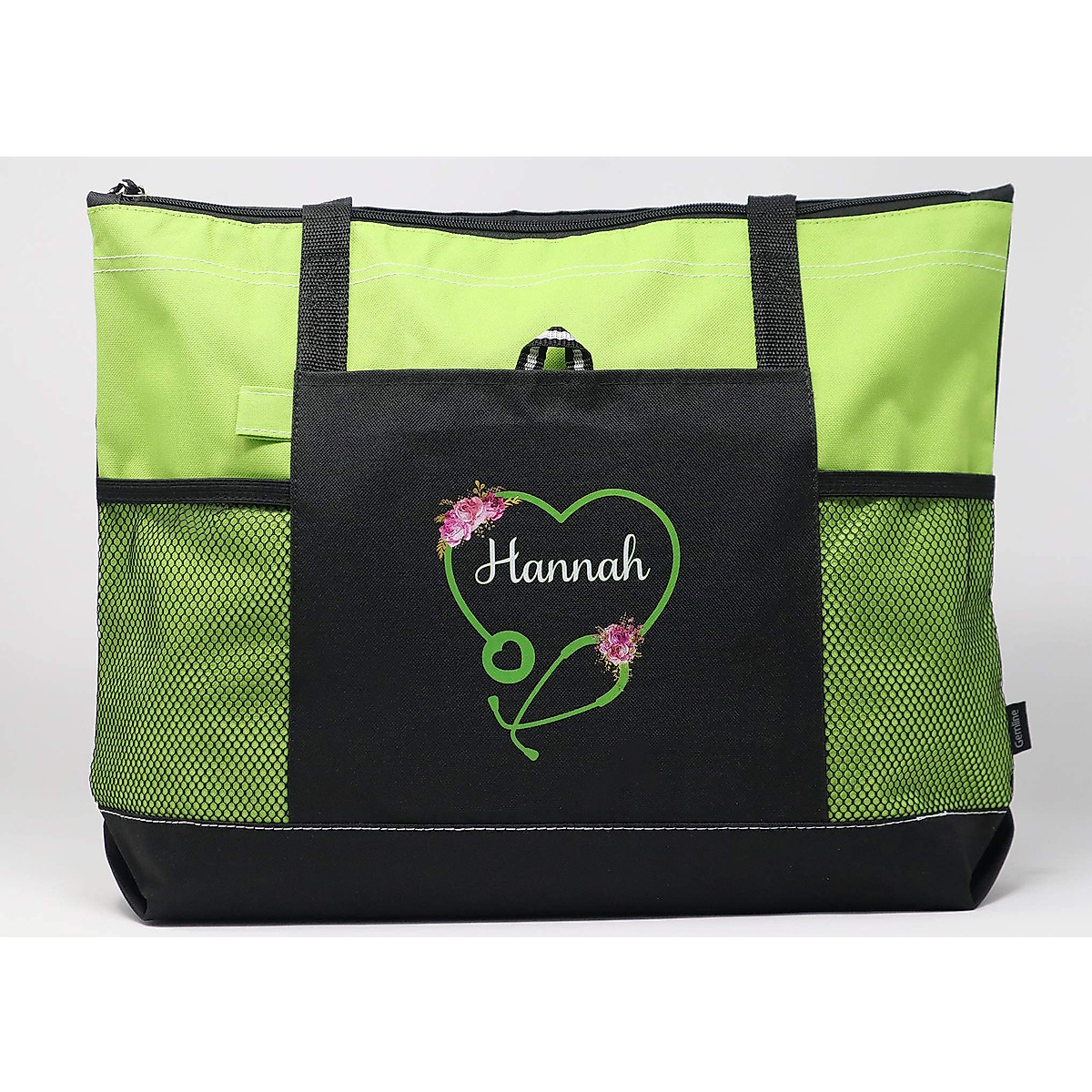 Personalized Nurse with Heart Stethoscope, CNA, RN, LPN Tote Bag with Mesh Pockets, Custom Printed