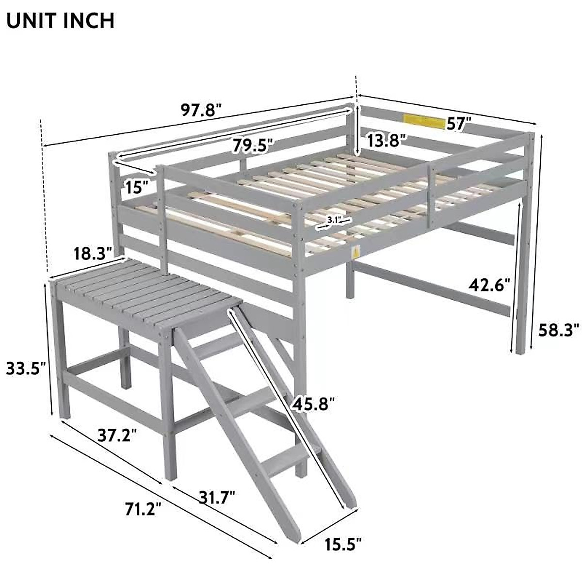 HZHOME Full Loft Bed with Platform and Ladder, Wood Low Loft Bed for Kids, Junior Loft Bed Full Size with Spacious Underneath Space for Children Girls Boys Bedroom,No Box Spring Needed, Grey