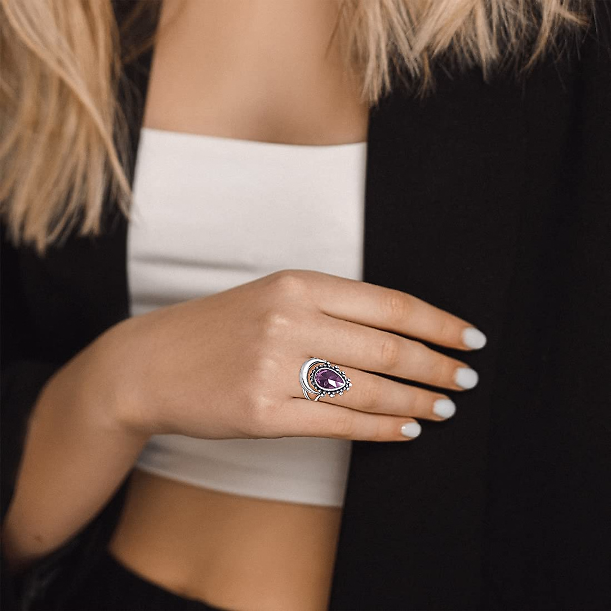 DALEGEM Purple Cubic Zirconia Crystal Crescent Moon Ring for Women,S925 Sterling Silver Waterdrop Ring (Ring_Purple, 10)