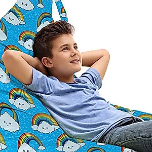 Ambesonne Childish Lounger Chair Bag, Sky View Happy Clouds and Rainbows Pattern in Cartoon Style on Sea Background, High Capacity Storage with Handle Container, Lounger Size, Multicolor